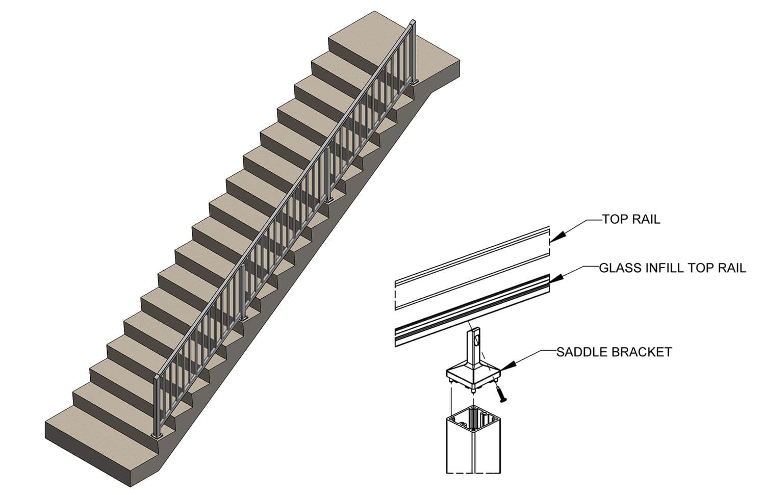 eGlass Picket™ System Drawings w/ Saddle Bracket | Glass Railing for Decks